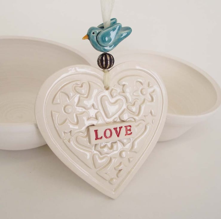 ceramic heart decoration with bird Love heart W... - Folksy