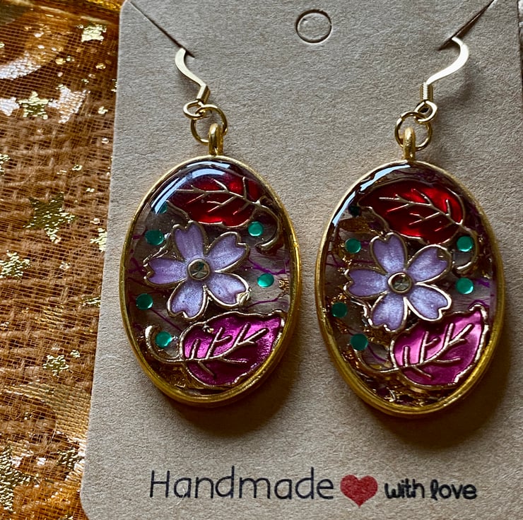Handmade Gold-Rimmed Oval Resin Earrings With E... - Folksy