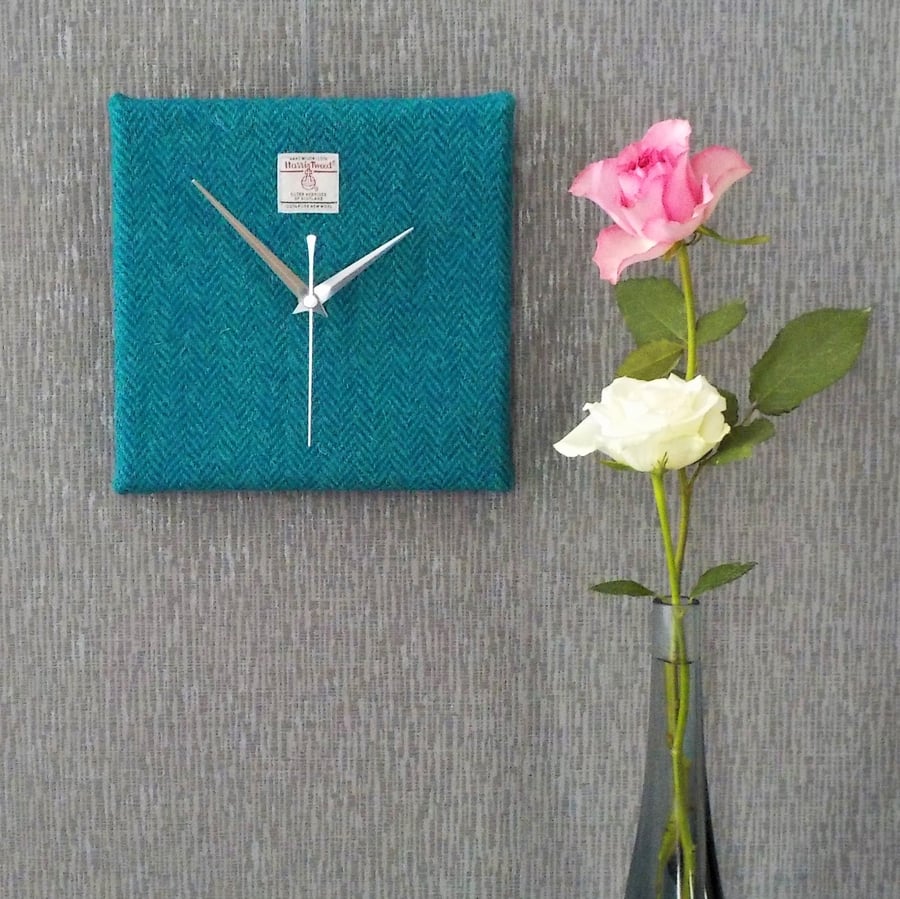 Harris Tweed square clock wool fabric teal turq... - Folksy