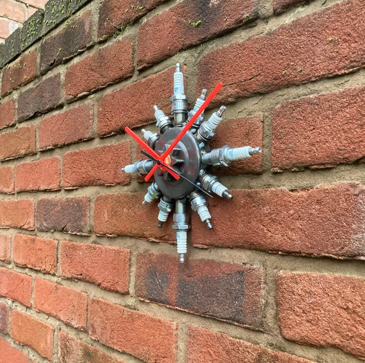 Sunburst Wall Clock, Repurposed Spark Plugs - Folksy