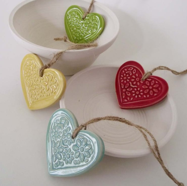 Ceramic Heart decorations set of four - Folksy