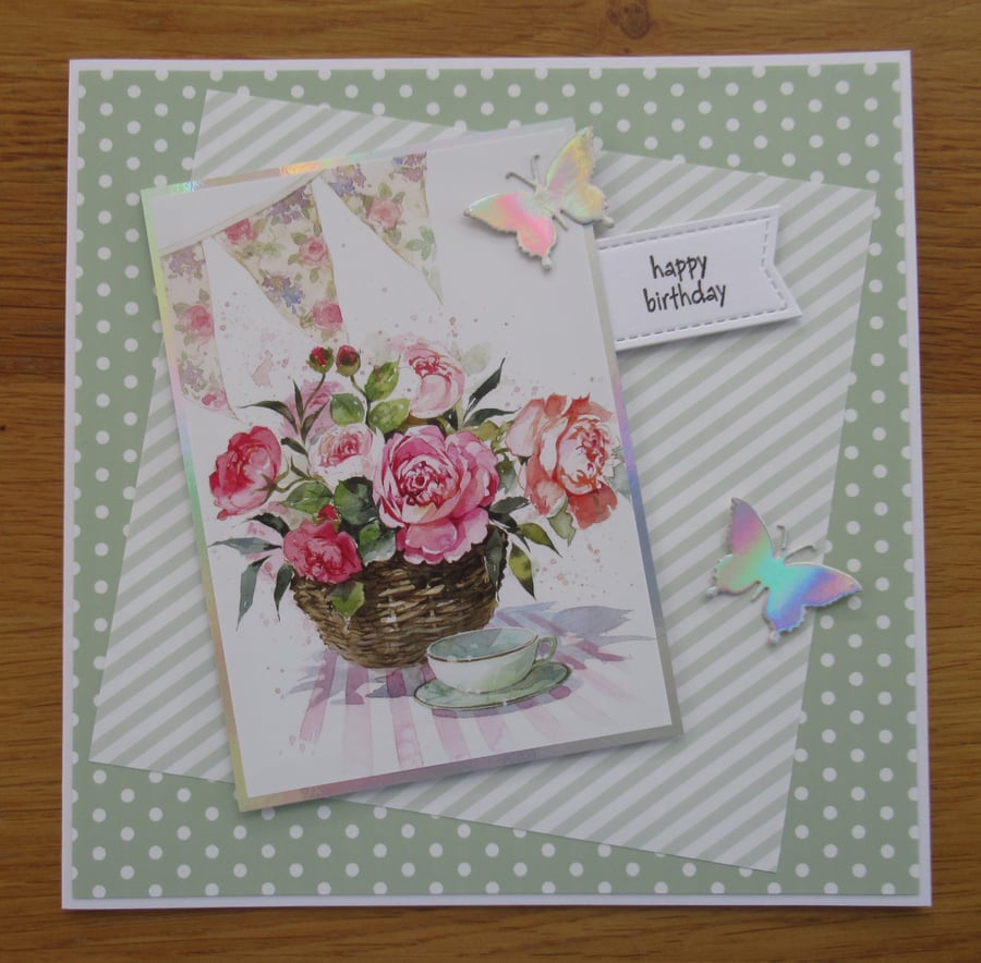 Pink Flowers & Bunting - Large Birthday Card - Folksy