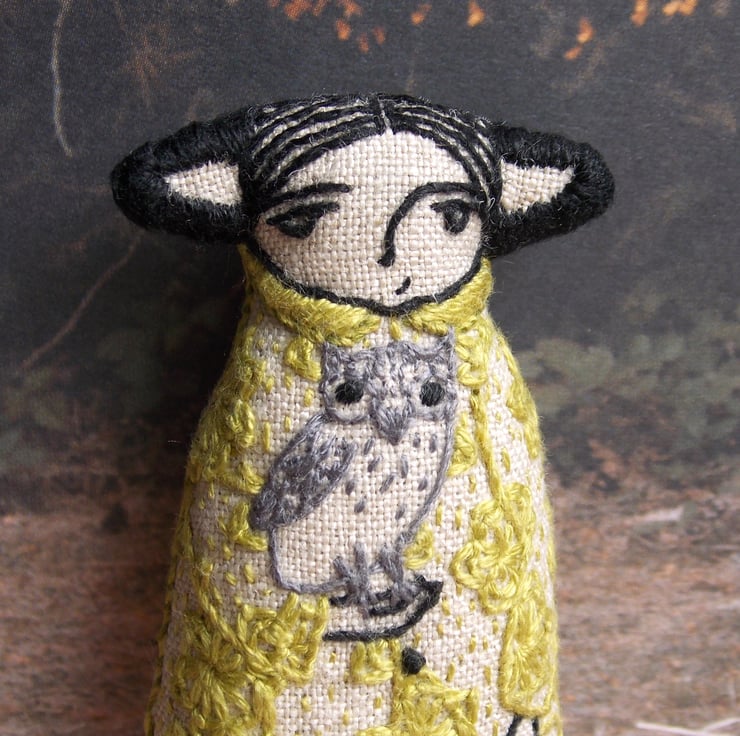 Gorse Fae with Owl - A Hand Embroidered Textil... - Folksy