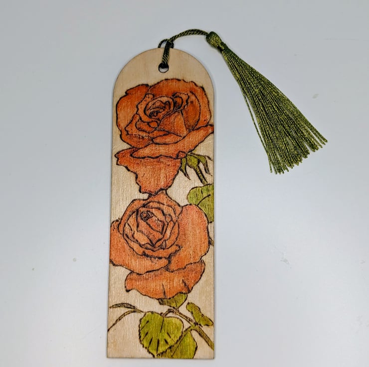 Wooden bookmark with pyrography roses, handpain... - Folksy