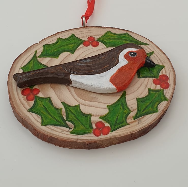 Clay robin redbreast, Christmas log slice hangi... - Folksy