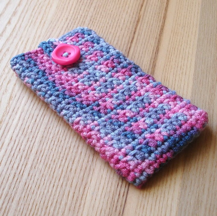 Crochet Mobile Phone Cozy with Button in Blue a... - Folksy
