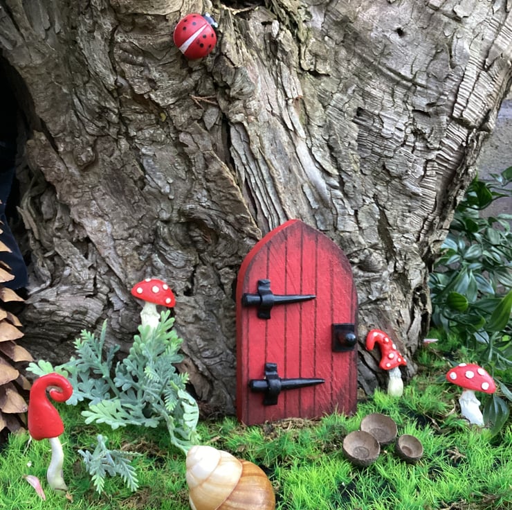 Red fairy door made from recycled wood. A fairy... - Folksy