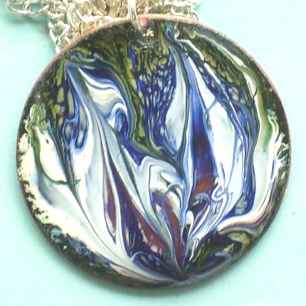 round pendant - scrolled blue, white, black - Folksy