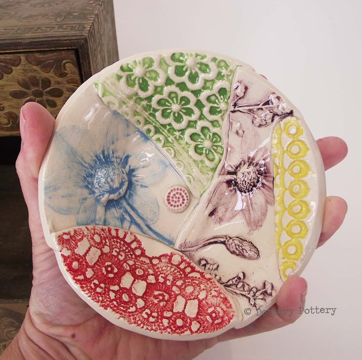 Ceramic bowl patchwork design bright flowers po... - Folksy