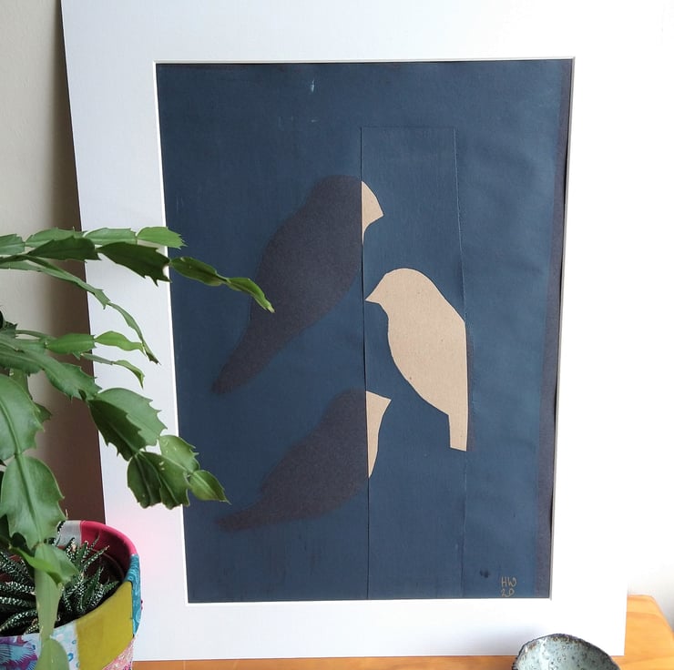 Three Small Birds Paper Screen Print with Collage - Folksy