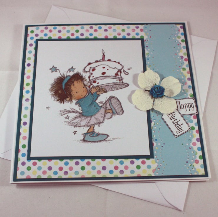 Handmade birthday card - little girl with cake - Folksy