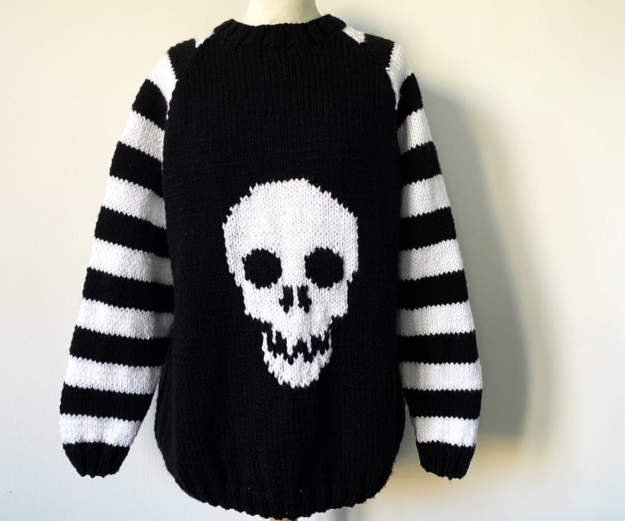 Hand Knitted Skulle Black White Striped Goth Sw... - Folksy