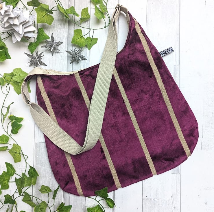 Striped Raspberry Chenille and Silk Lined Hobo Bag - Folksy