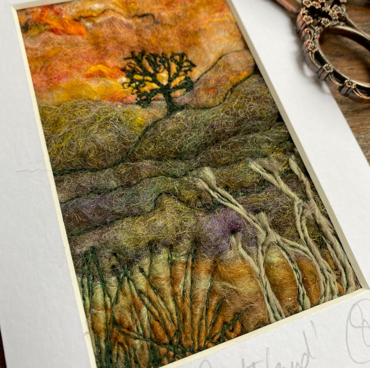 Embroidered wet felting sunset moorland landsca... - Folksy