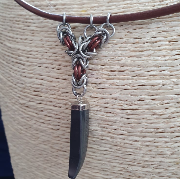 Haematite Sharks Tooth & Chainmail Leather ... - Folksy