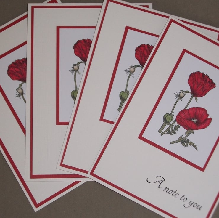 Set of 4 poppy note cards - Folksy