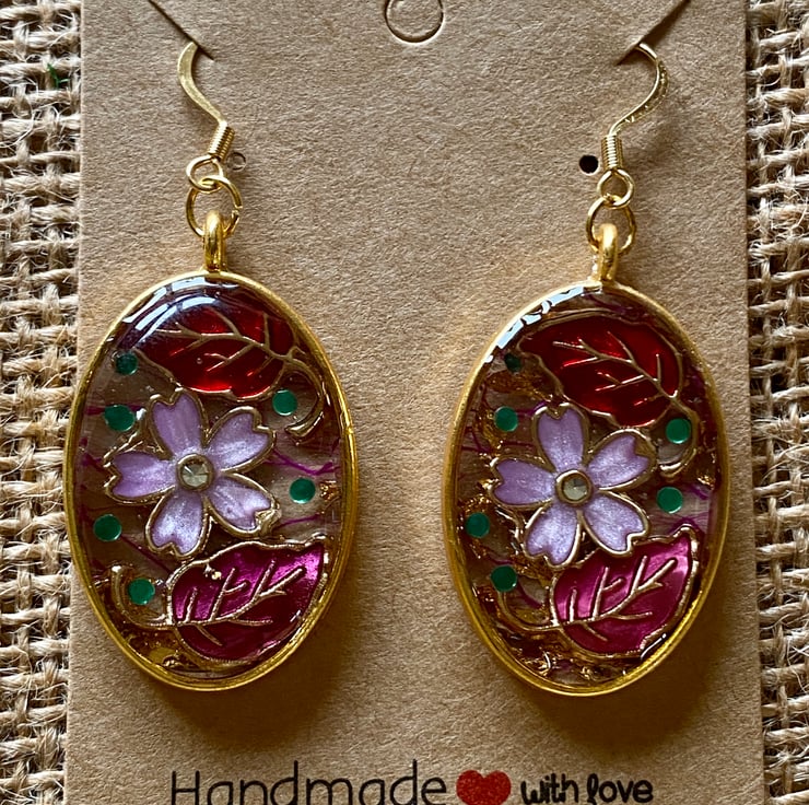 Handmade Gold-Rimmed Oval Resin Earrings With E... - Folksy