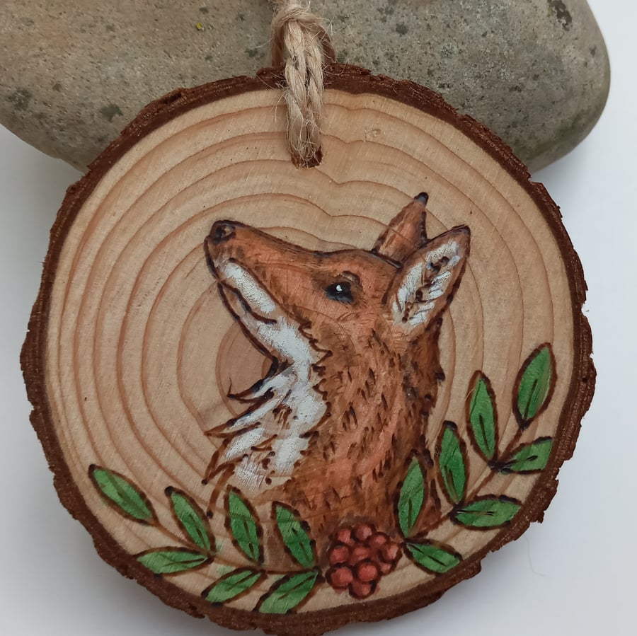 Fox and Rowan pyrography log slice talisman - Folksy