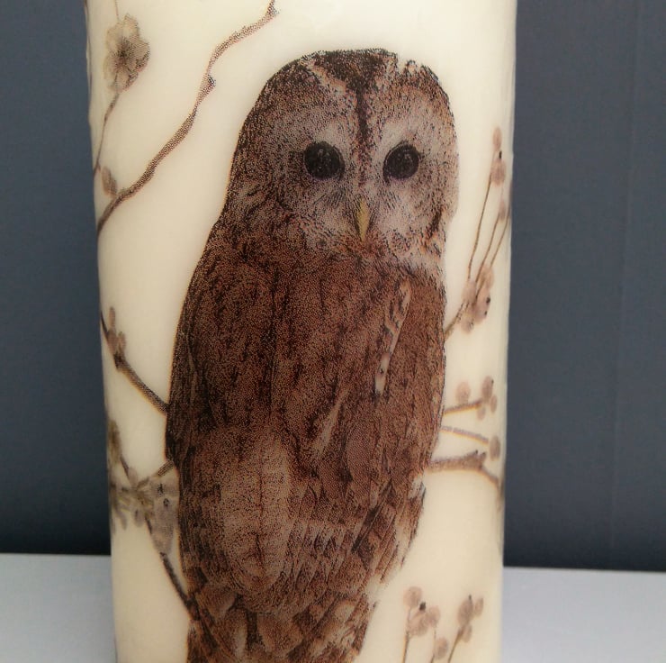 woodland owl decorated candle - Folksy