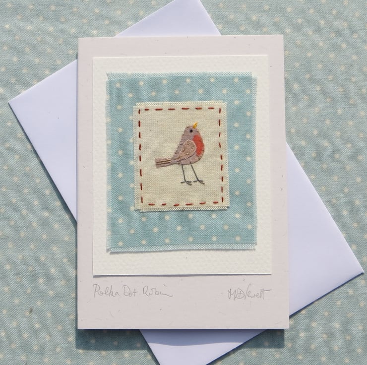Polka Dot Robin hand-stitched card for Christma... - Folksy