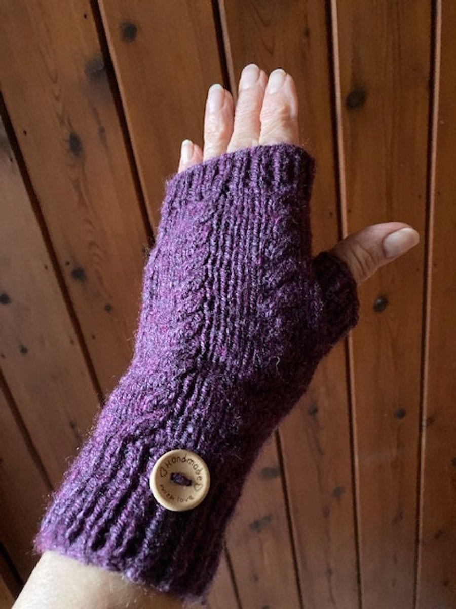 Hand knitted cable stitch wool fingerless mittens - Folksy