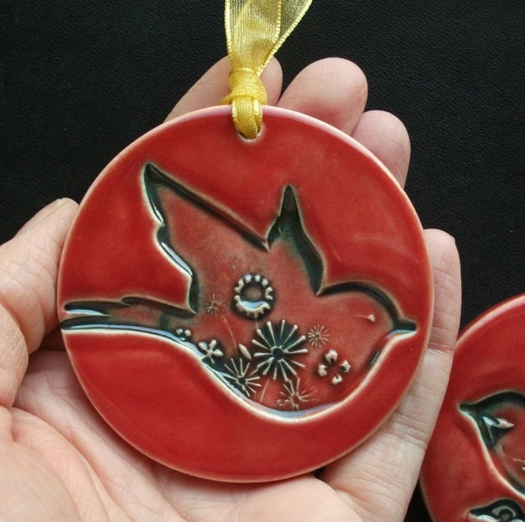 Set of two large red ceramic bird hanging decor... - Folksy
