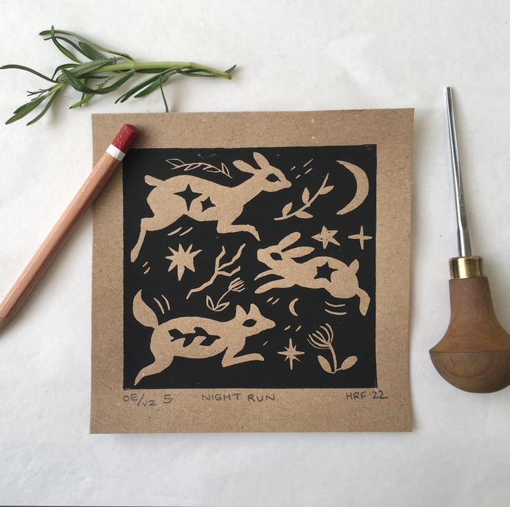Deer, Rabbit and Fox Lino Print, an original li... - Folksy