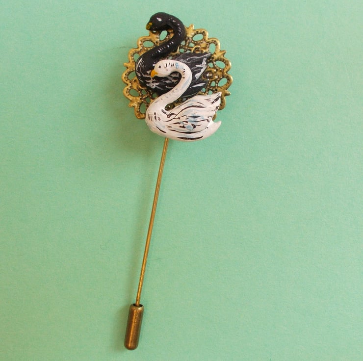 BLACK & WHITE SWAN PIN on Bronze Tone Filig... - Folksy