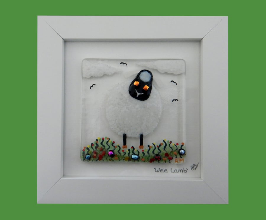 Handmade Fused Glass 'White Sheep' Picture - Folksy