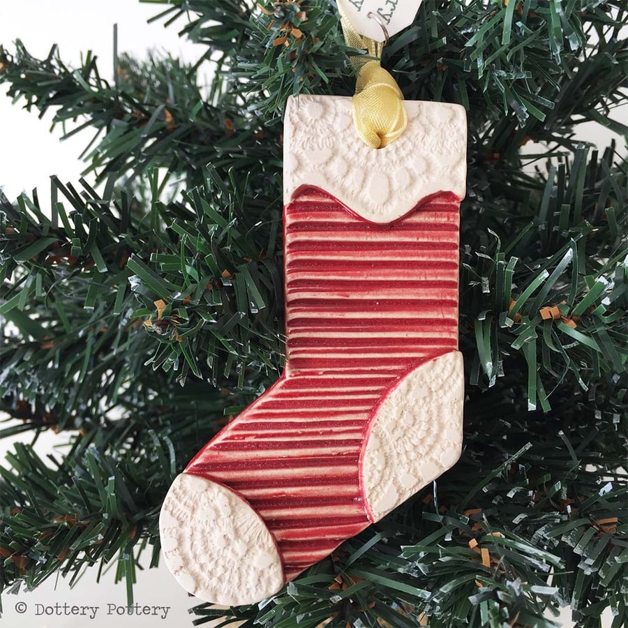 Red ceramic stocking decoration pottery Christm... - Folksy