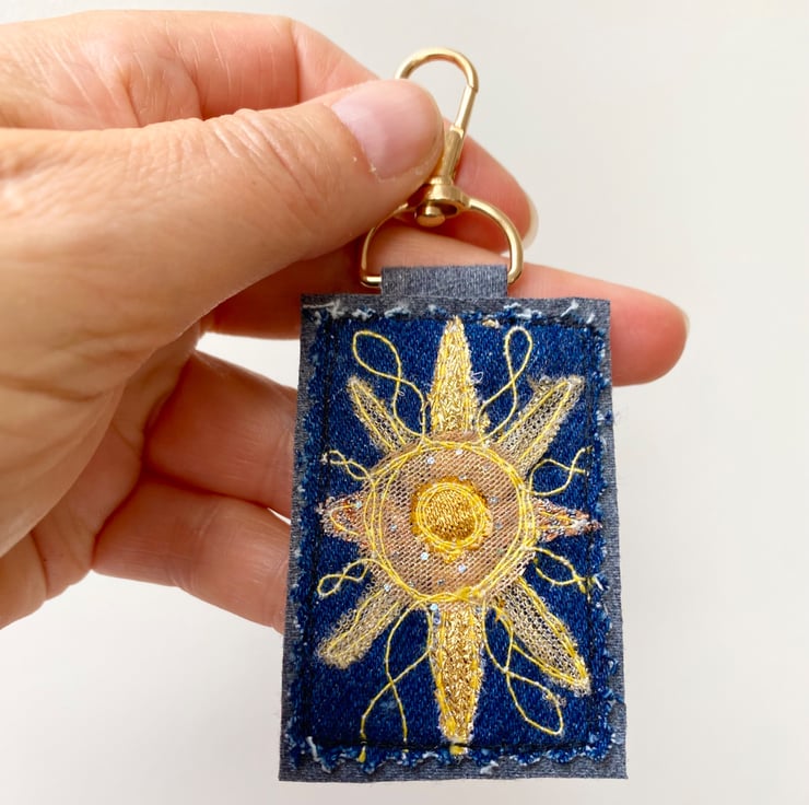 Up-cycled golden denim Sun key ring or bag charm. - Folksy