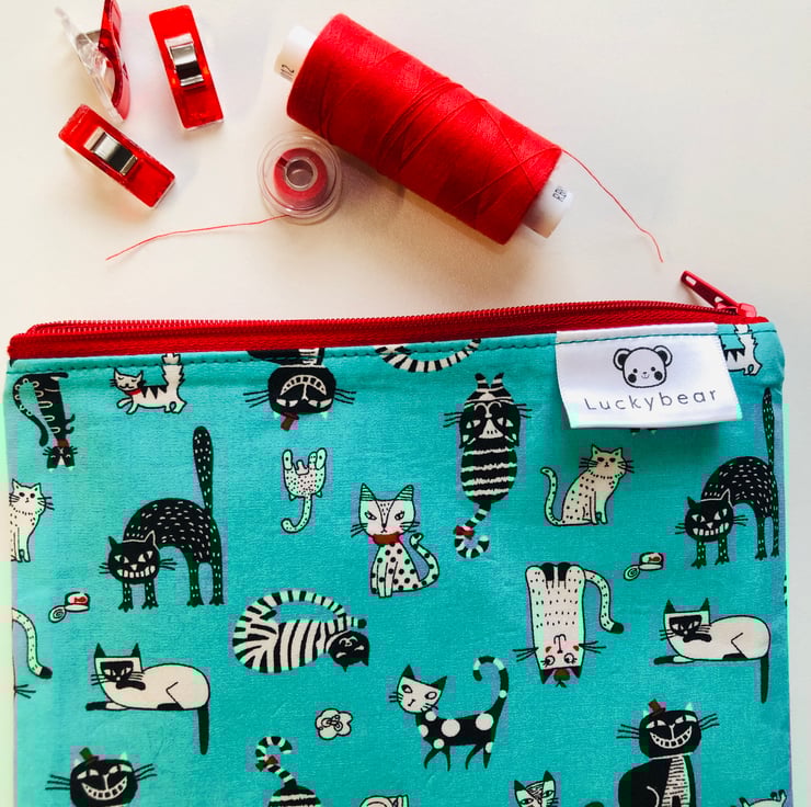 Jade green cat print pouch, fun cat pouch, gift... - Folksy
