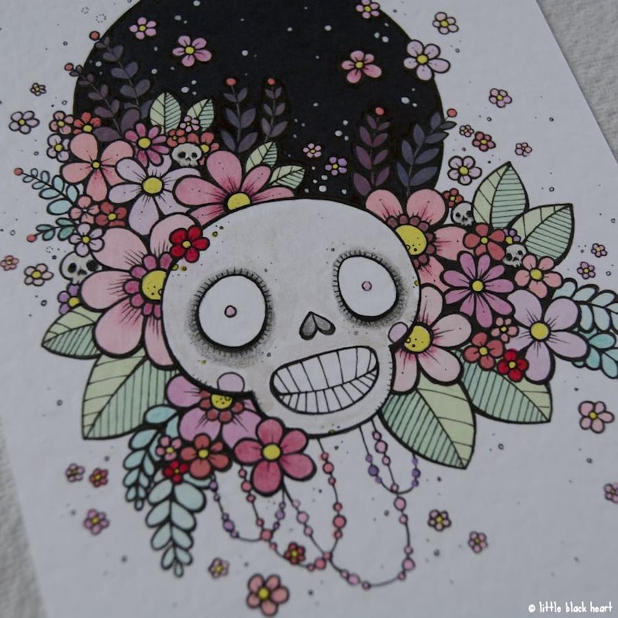 spring flowers skull - original A6 illustration - Folksy