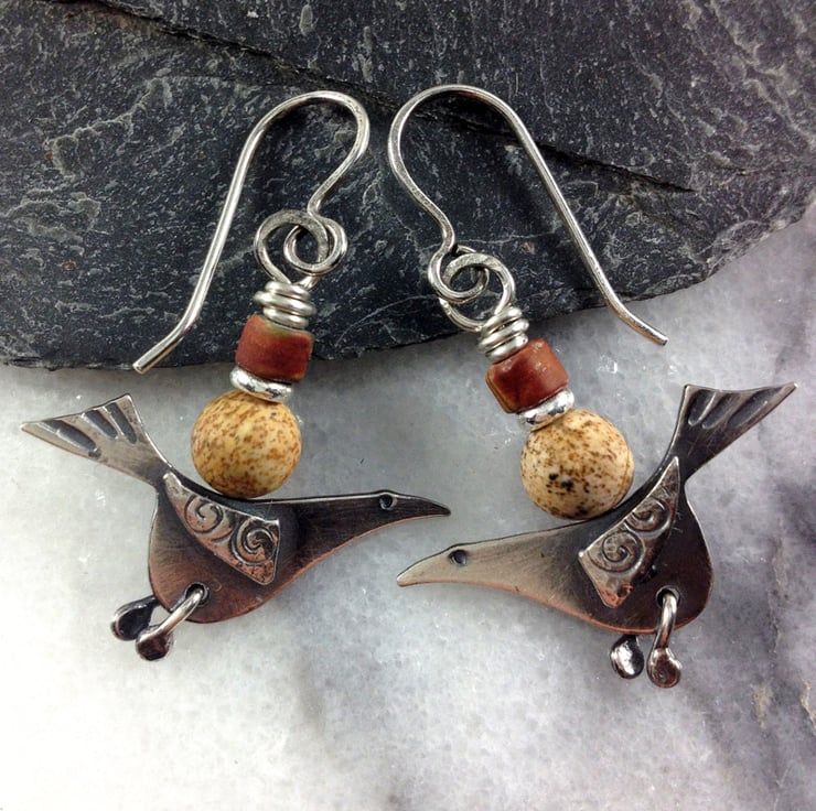 silver song bird earrings with jasper. - Folksy