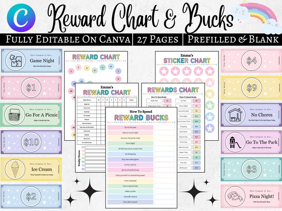 Editable Kids reward bucks and chart, Mom bucks... - Folksy