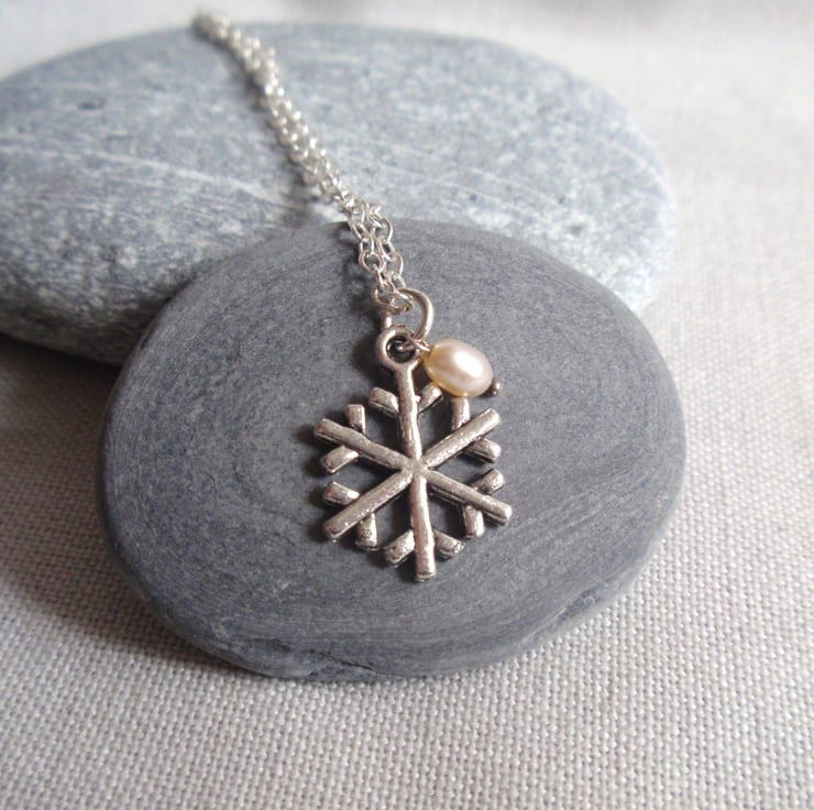 Silver Snowflake Necklace with Freshwater Pearl... - Folksy