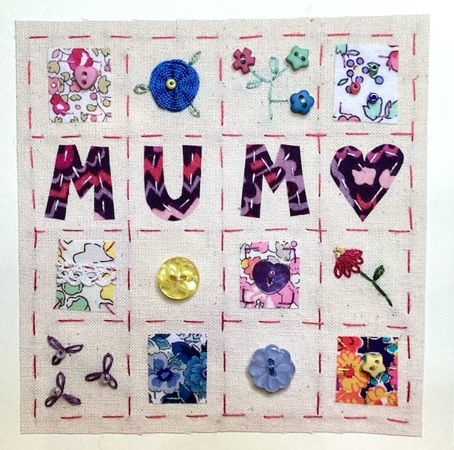 Patchwork style hand embroidered Mum card - Folksy