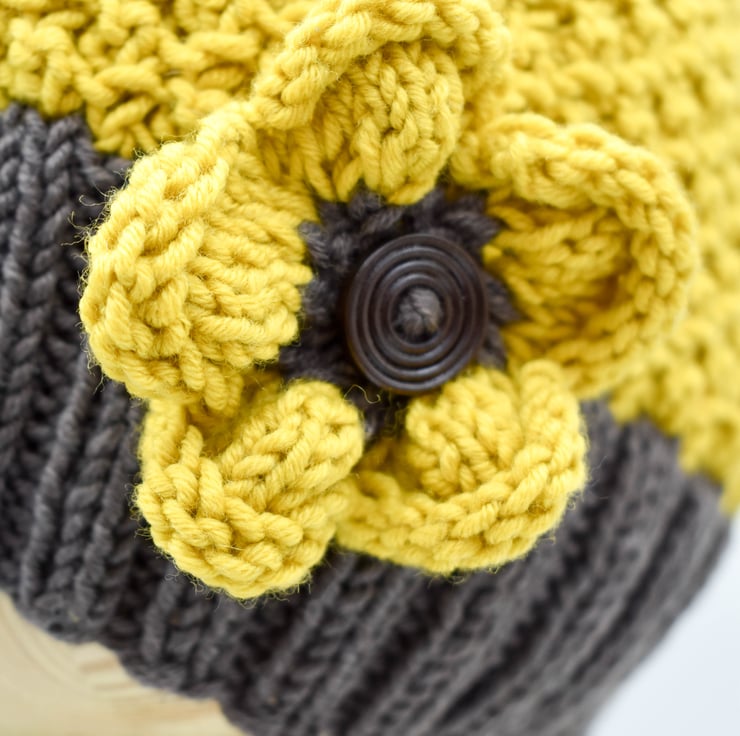 SOLD - Hand Knitted daisy beanie hat in ochre a... - Folksy