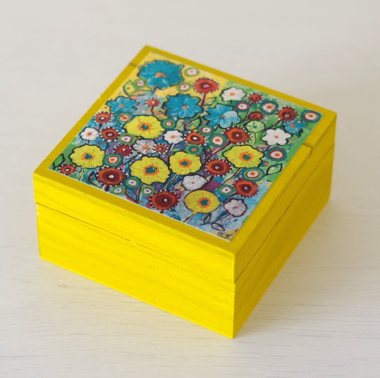 Yellow Trinket Box, Turquoise Flowers Jewellery... - Folksy