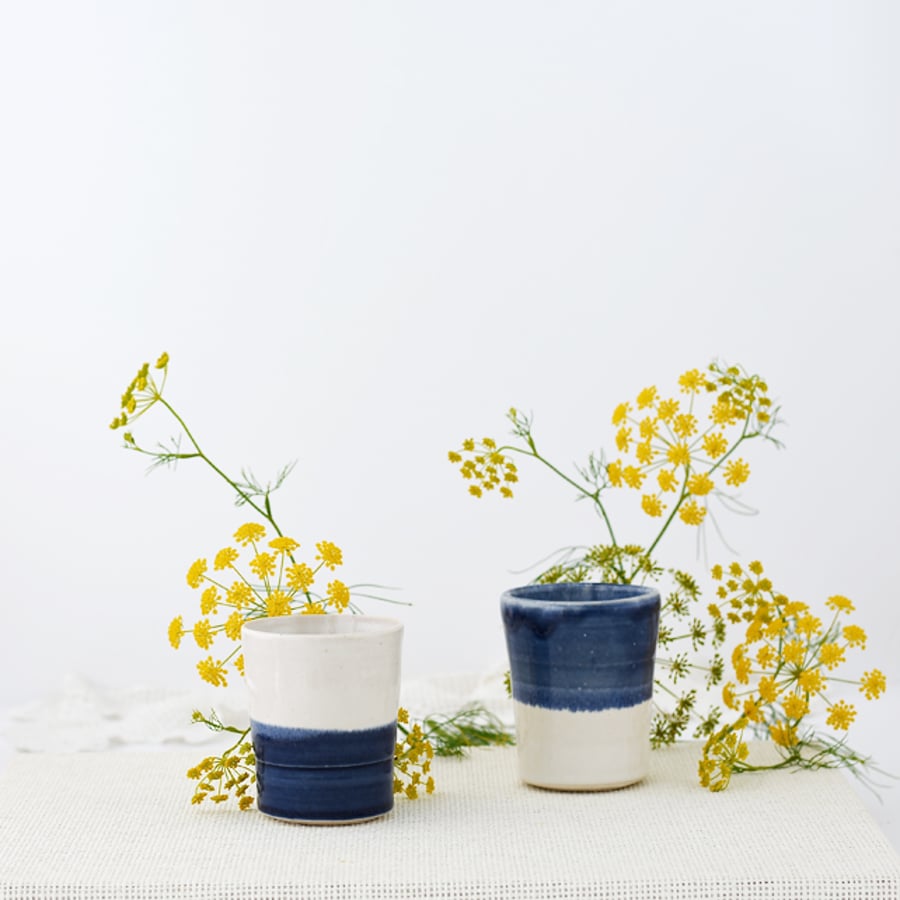 Blue and creamy white ceramic tumbler cup beake... - Folksy