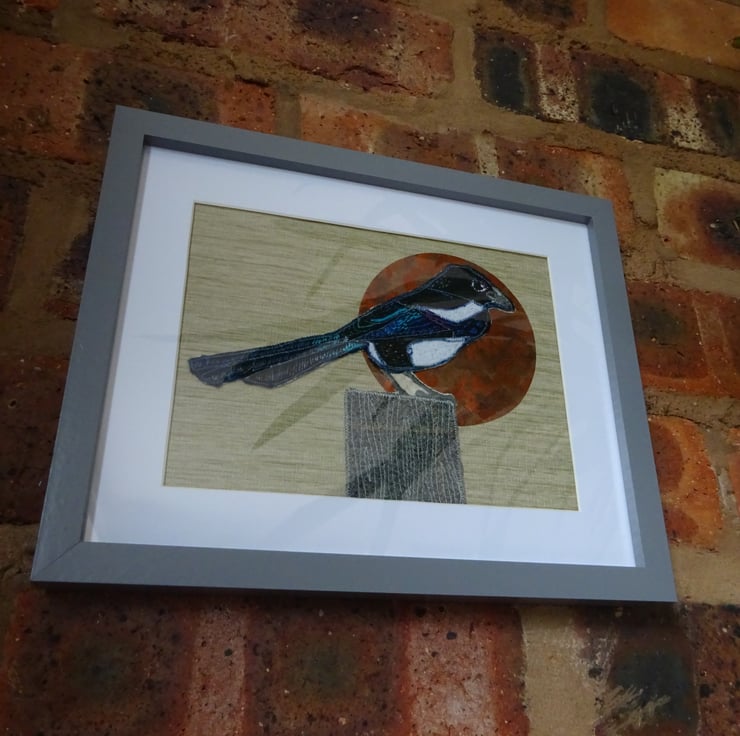 Embroidered collage magpie framed picture - Folksy