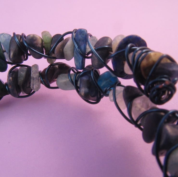 Blue Gemstone Wire Wrapped Memory Wire Bracelet... - Folksy