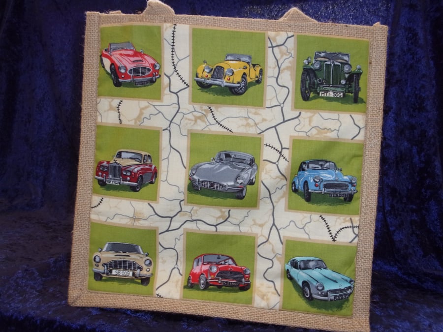 Medium Size Jute Bag with Classic Cars Fabric P... - Folksy