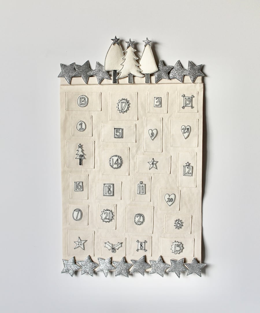 Fabric Advent Calendar with Silver Stars - Folksy