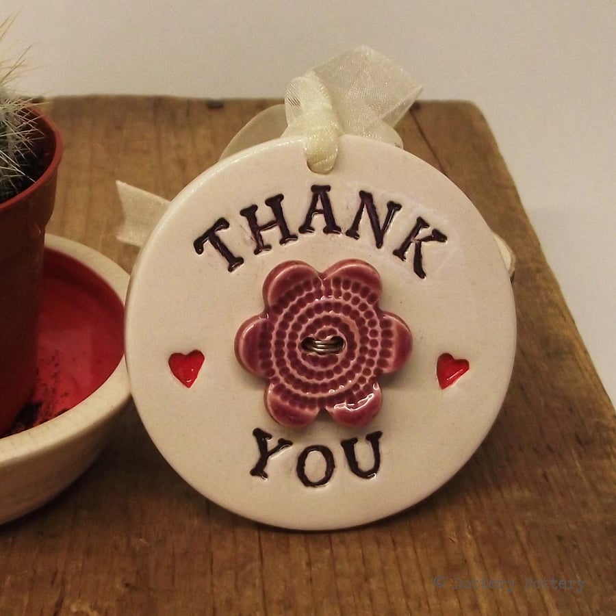 Ceramic Thank You decoration with flower button - Folksy