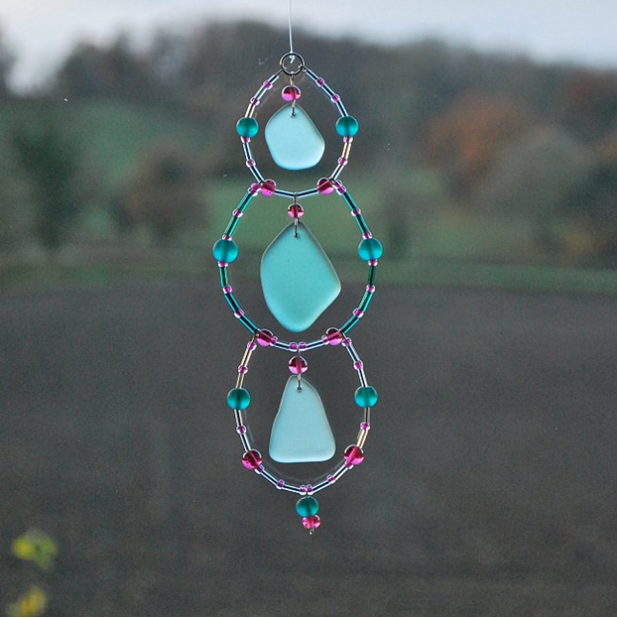 Aquamarine beach glass sun catcher - Folksy