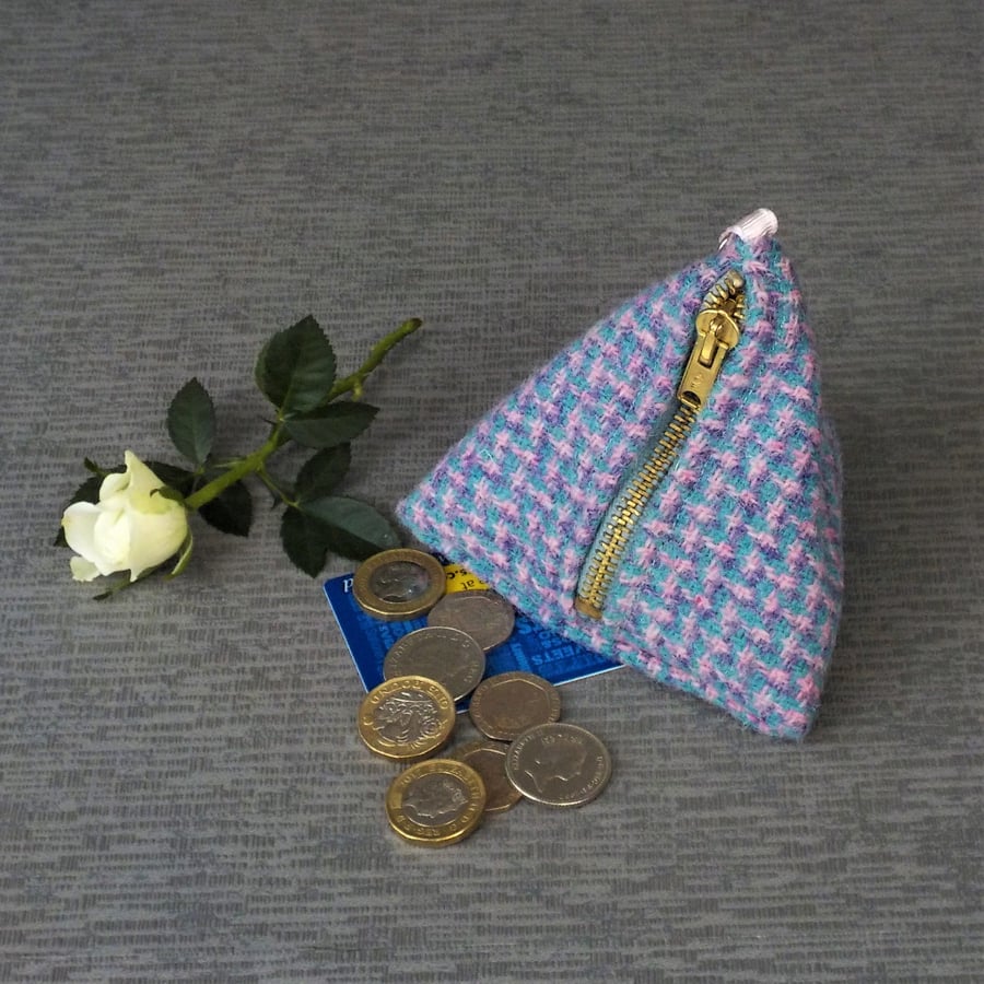 Harris tweed purse pyramid coin purse blue pink... - Folksy
