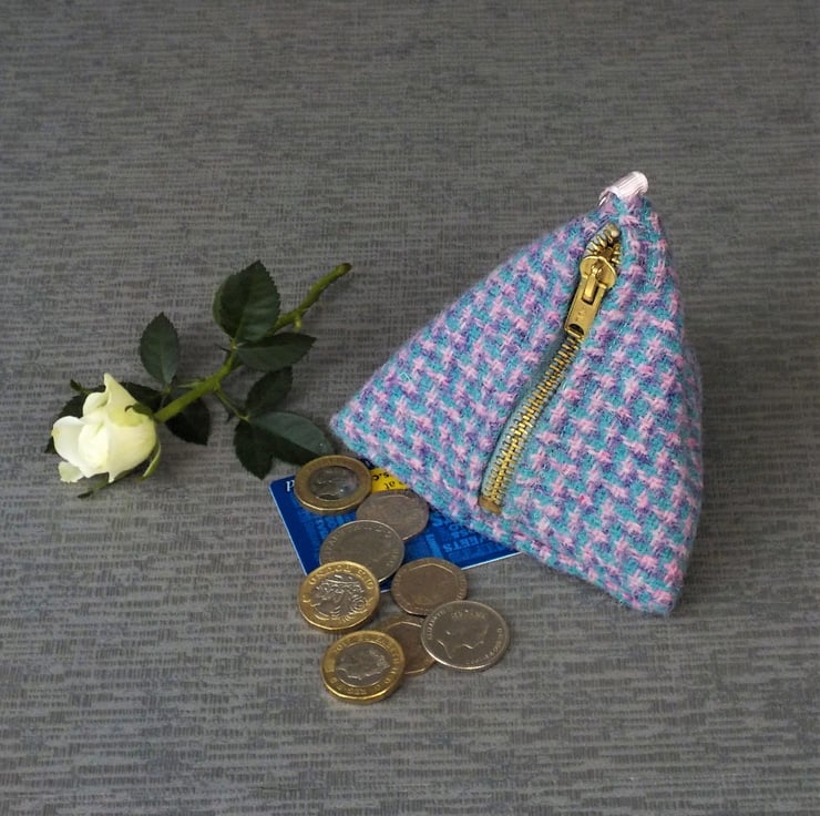 Harris tweed purse pyramid coin purse blue pink... - Folksy