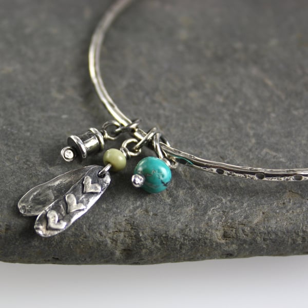 Silver bangle with charms hearts turquoise and ... - Folksy