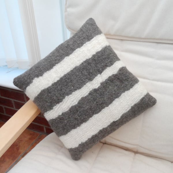 Felted woven cushion in grey with white stripes... - Folksy